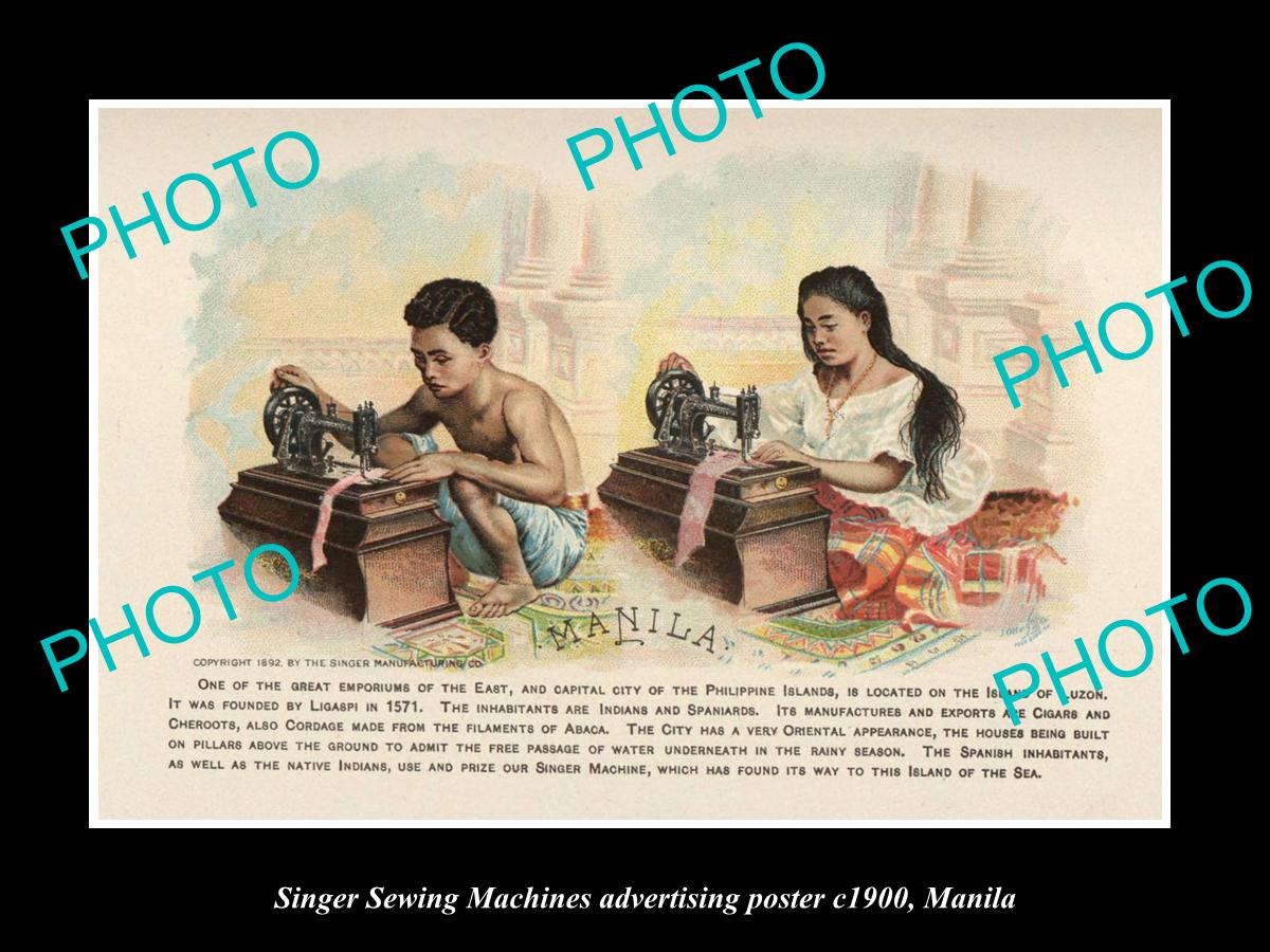 OLD LARGE HISTORIC PHOTO OF SINGER SEWING MACHINE AD POSTER, c1900 MAN ...