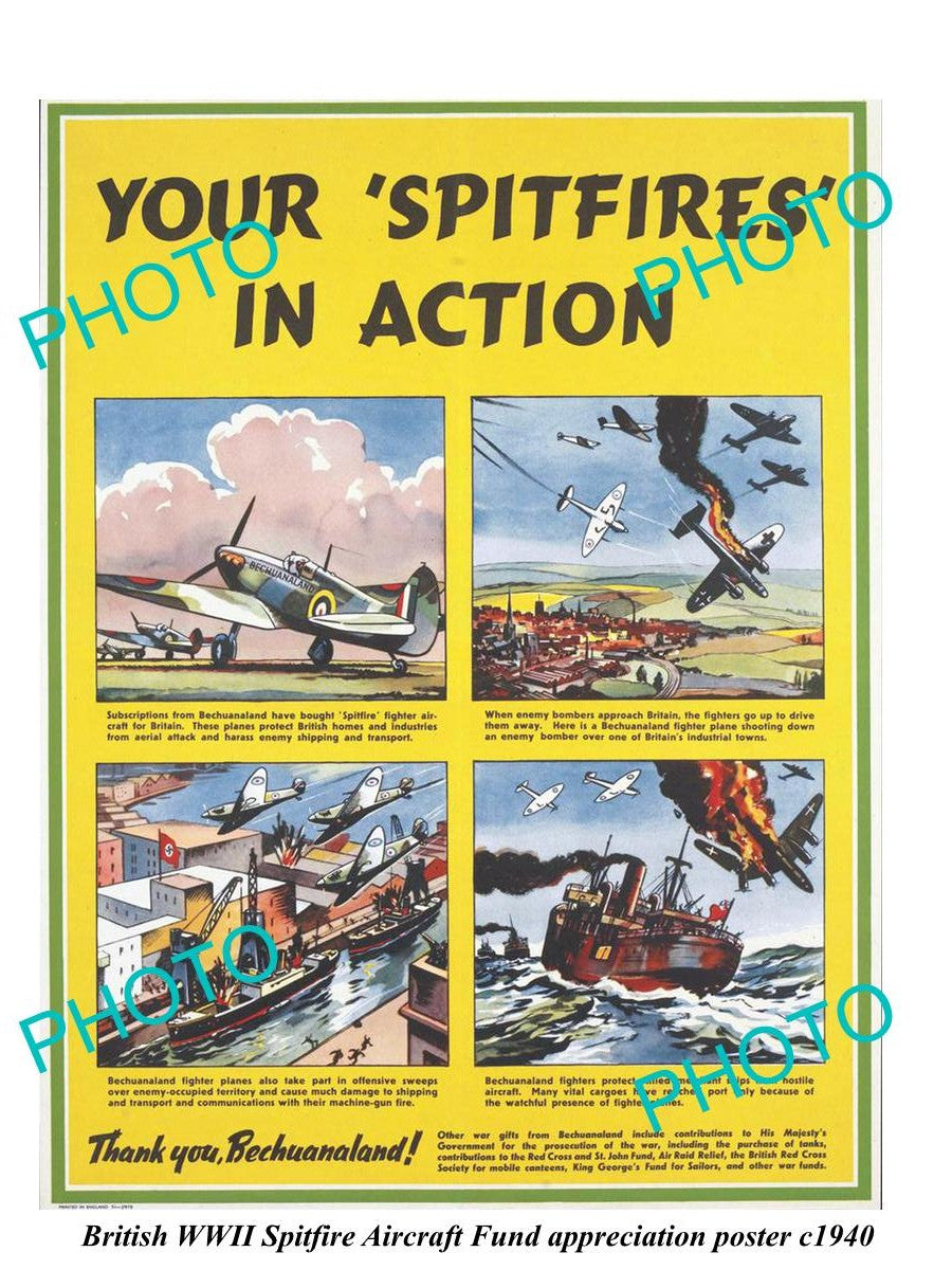 OLD MILITARY POSTER BRITISH RAF WWII SPITFIRE AIRCRAFT FUND BECHUANALA ...